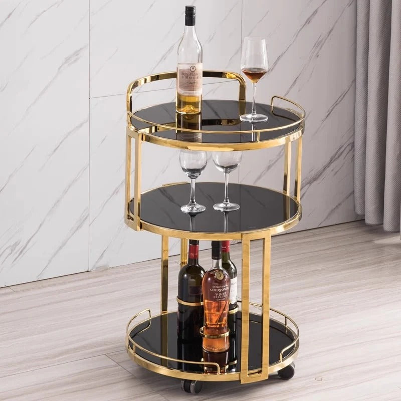 Metal Rolling Round 3-Tier Trolley With Handle in Gold and Black Acryl ...